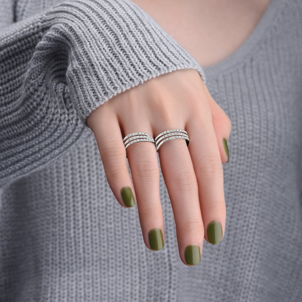 CZ Triple Line Two Finger Ring Silver Adjustable - Eleganzia Jewelry
