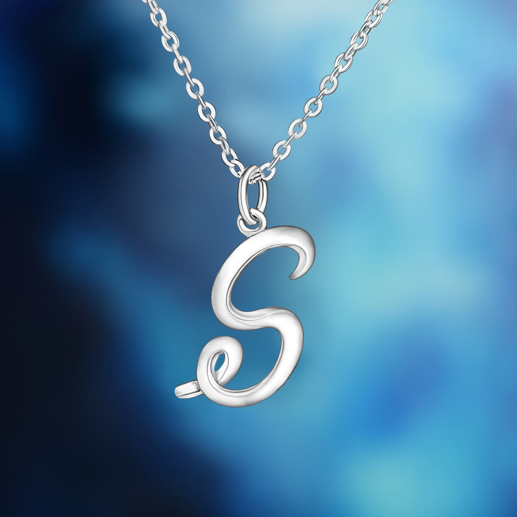 Cursive Letter Necklace Silver, 18"-20" Chain - Eleganzia Jewelry