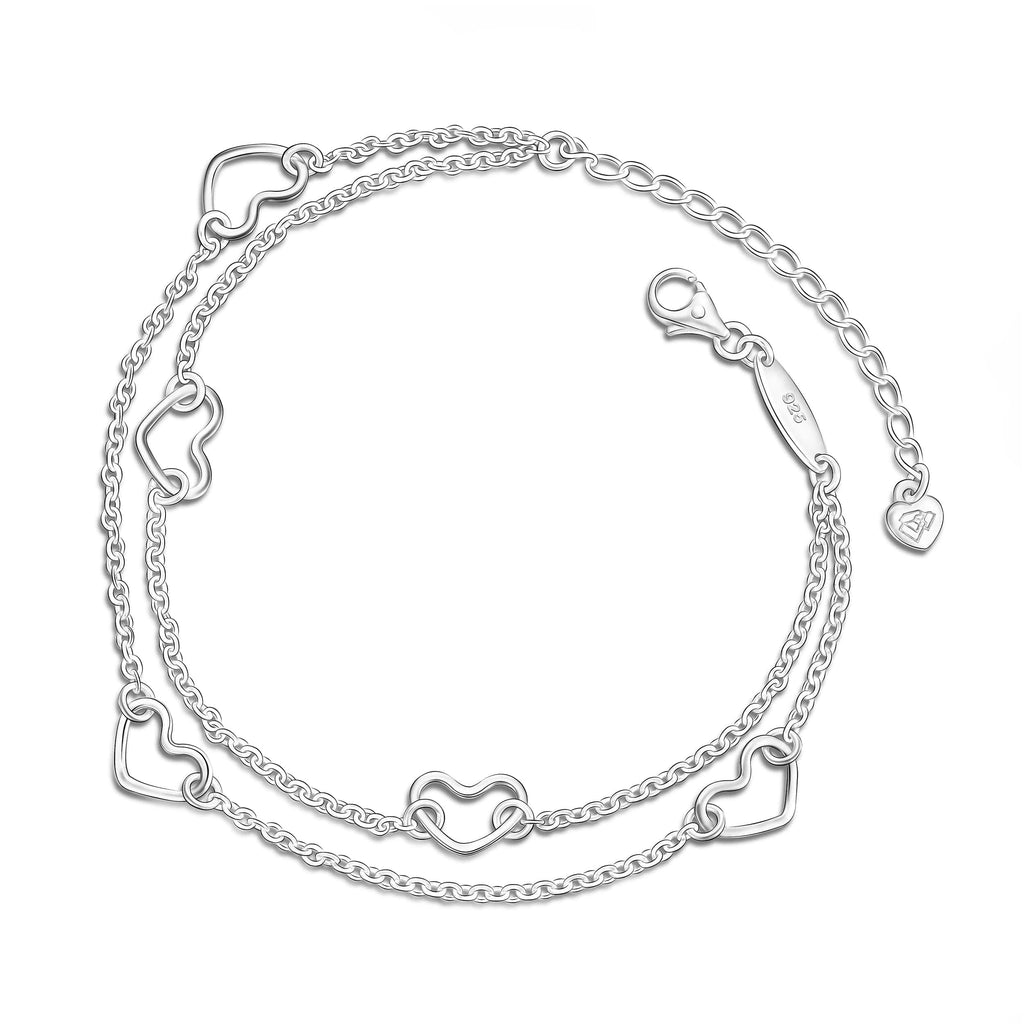 Layered Open Heart Anklet Sterling Silver - Eleganzia Jewelry