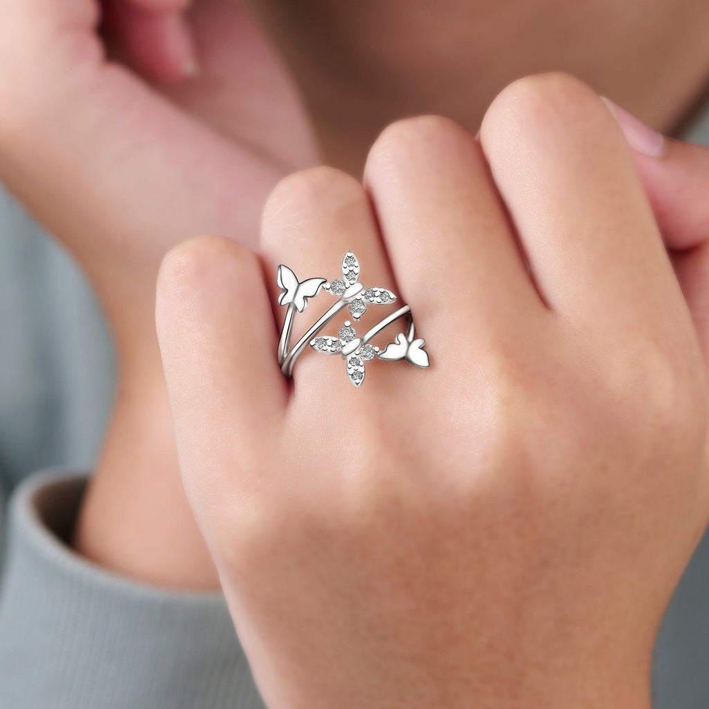 Four Flying Butterfly Ring Silver Adjustable CZ - Eleganzia Jewelry