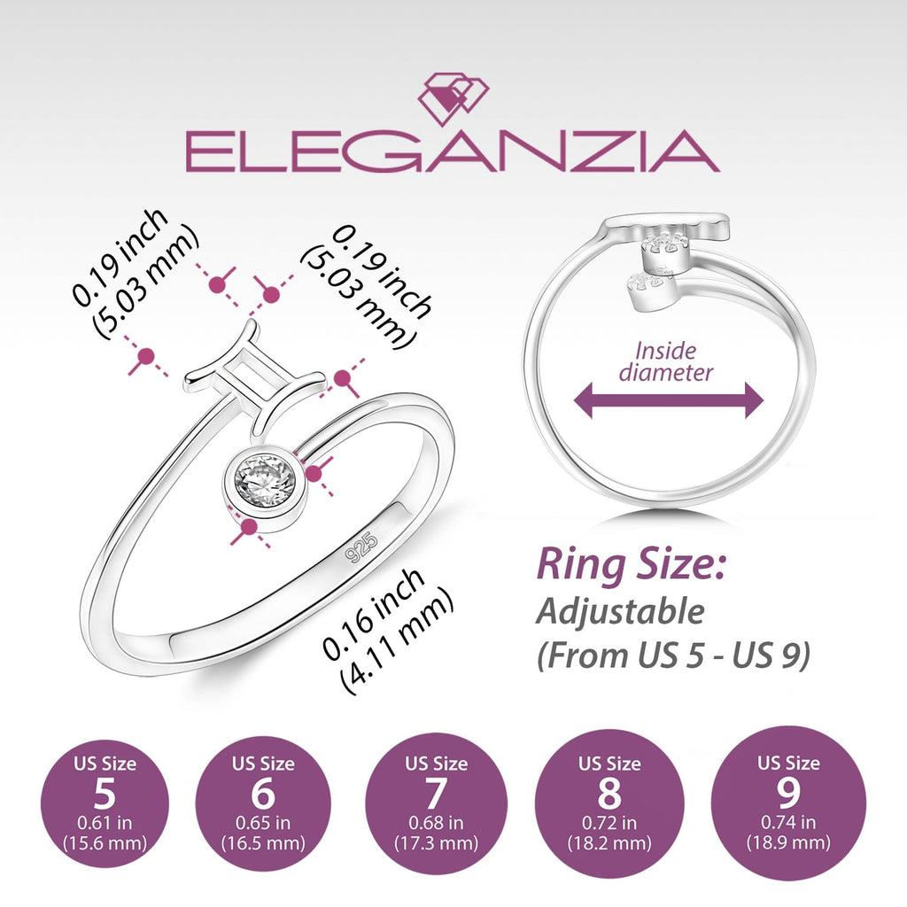 Gemini Ring Silver Adjustable Zodiac Sign Ring - Eleganzia Jewelry