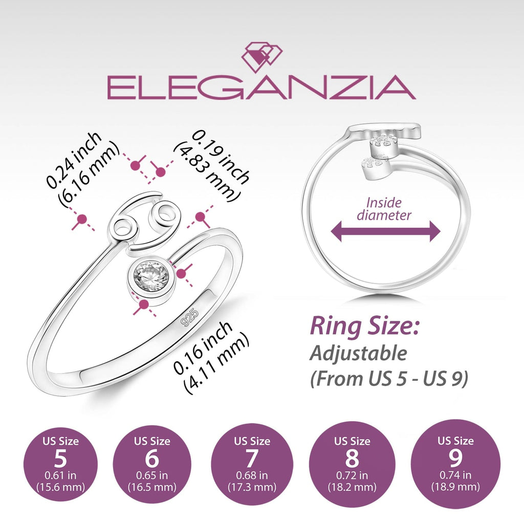 Cancer Ring Silver Adjustable Zodiac Sign Ring - Eleganzia Jewelry