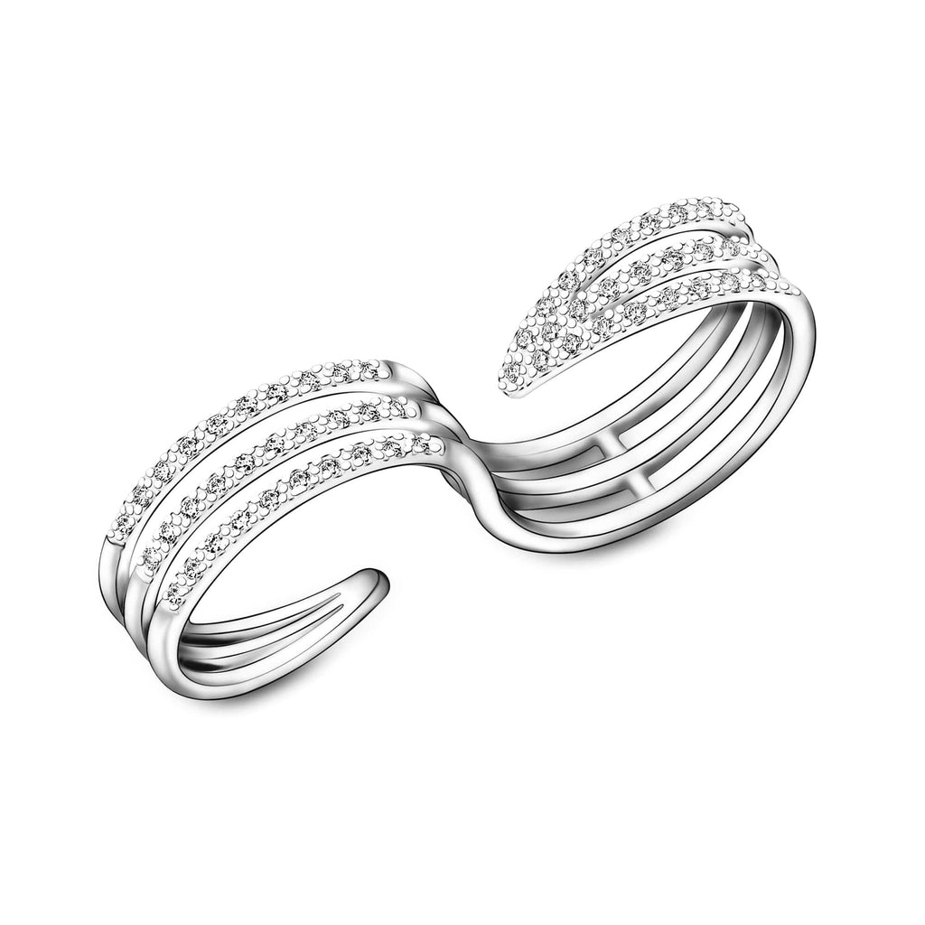 CZ Triple Line Two Finger Ring Silver Adjustable - Eleganzia Jewelry